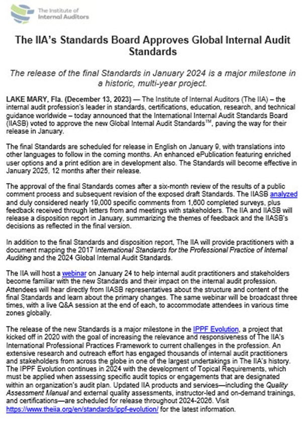 The IIA’s Standards Board Approves Global Internal Audit Standards ...
