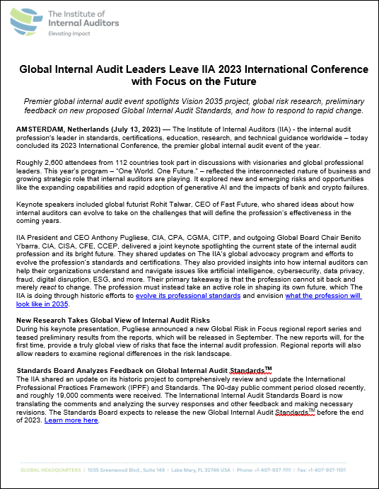 Global Internal Audit Leaders Leave IIA 2023 International Conference with Focus on the Future ...