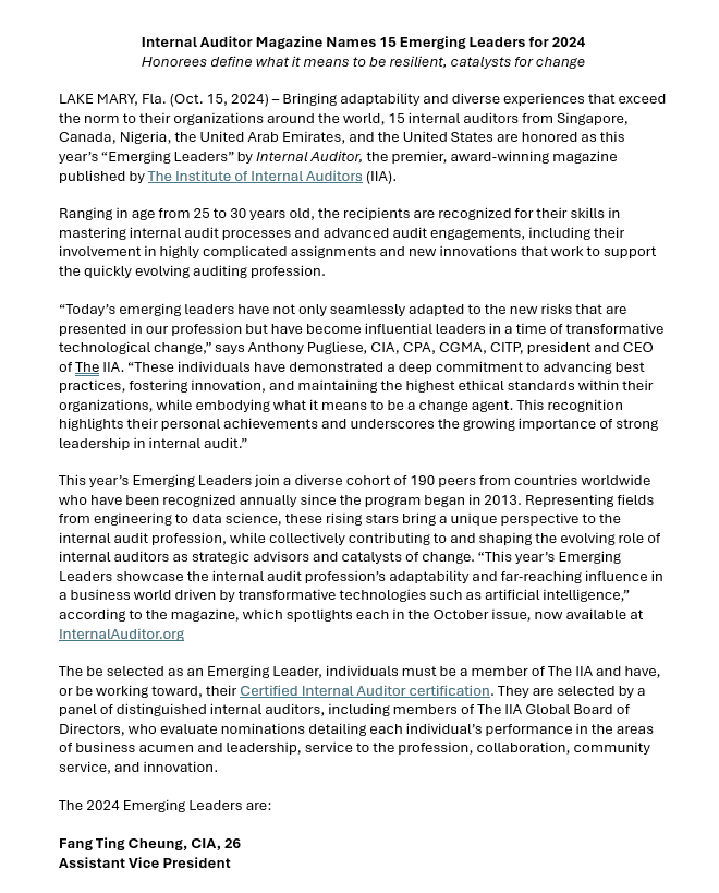 Internal Auditor Magazine Names 15 Emerging Leaders for 2024 | Press Room