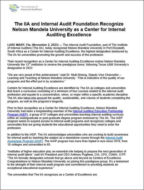 The IIA and Internal Audit Foundation Recognize Nelson Mandela ...