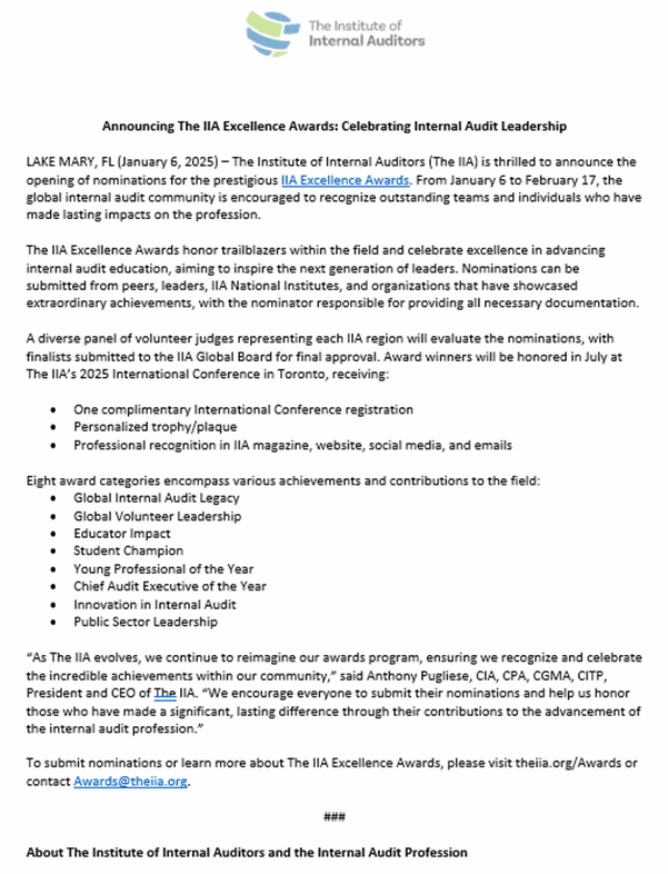 The IIA Excellence Awards Global Internal Audit Leadership