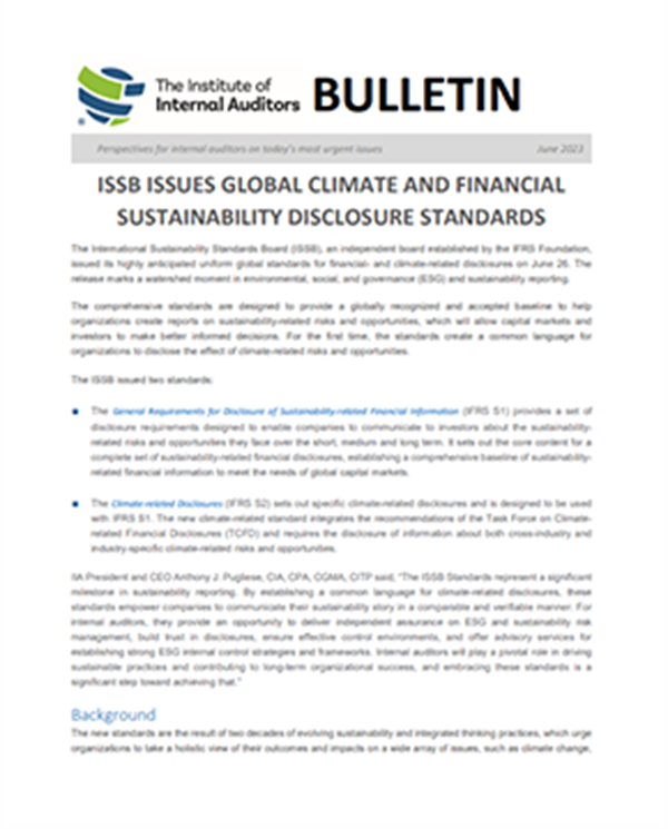 IIA Bulletin: ISSB Issues Global Climate And Financial Sustainability ...