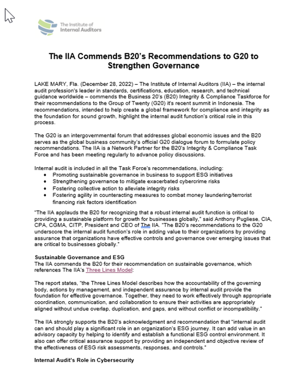 The IIA Commends B20’s Recommendations to G20 to Strengthen Governance