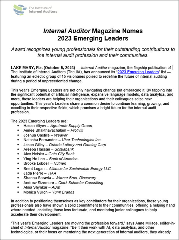 Internal Auditor Magazine Names 2023 Emerging Leaders | Press Room