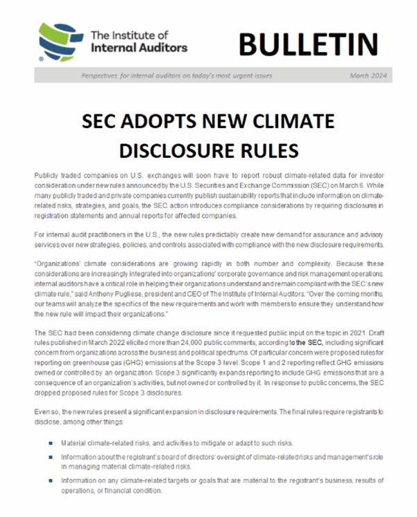IIA Bulletin: SEC Adopts New Climate Disclosure Rules
