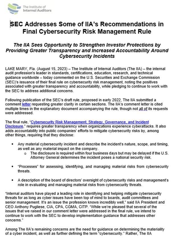 SEC Addresses Some of IIA’s Recommendations in Final Cybersecurity Risk ...