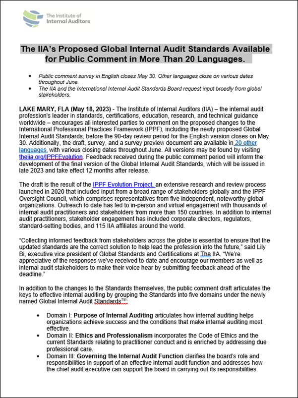 The IIA’s Proposed Global Internal Audit Standards Available for Public ...