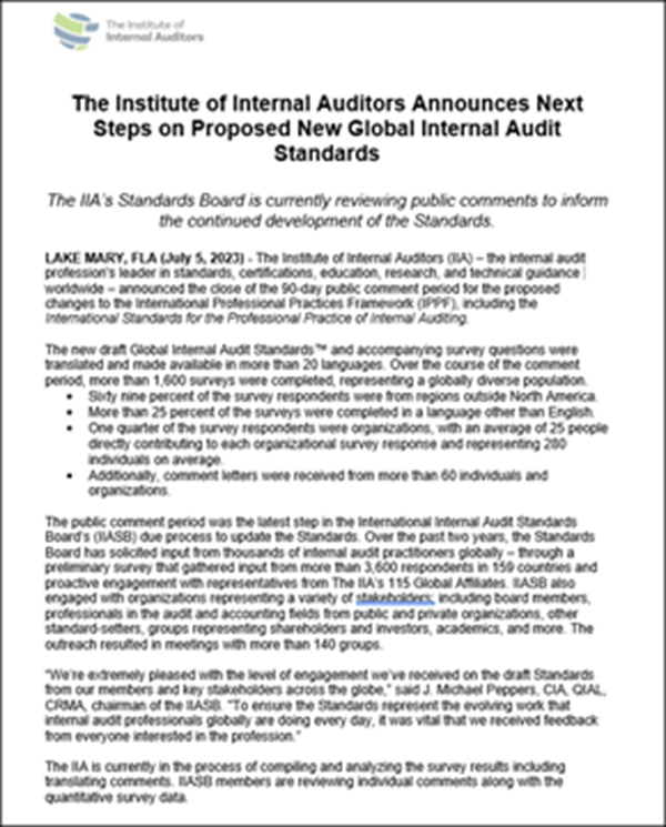 The Institute of Internal Auditors Announces Next Steps on Proposed New ...
