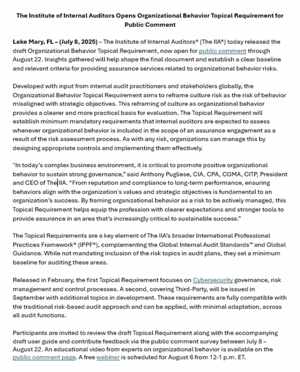 The Institute of Internal Auditors Opens Organizational Behavior Topical Requirement for Public ...