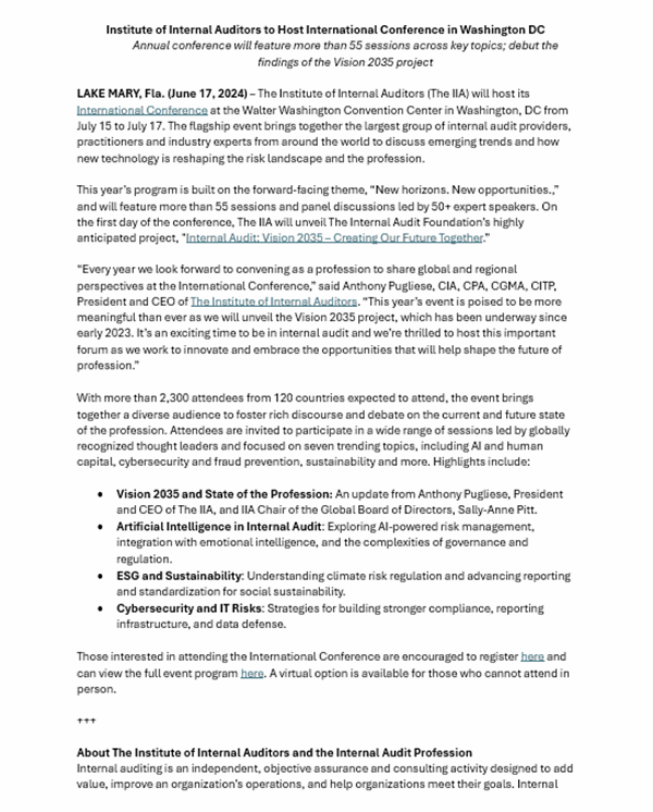 Institute of Internal Auditors to Host International Conference in Washington DC | Press Room