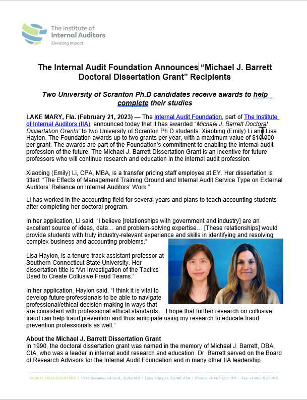 The Internal Audit Foundation Announces “Michael J. Barrett Doctoral ...