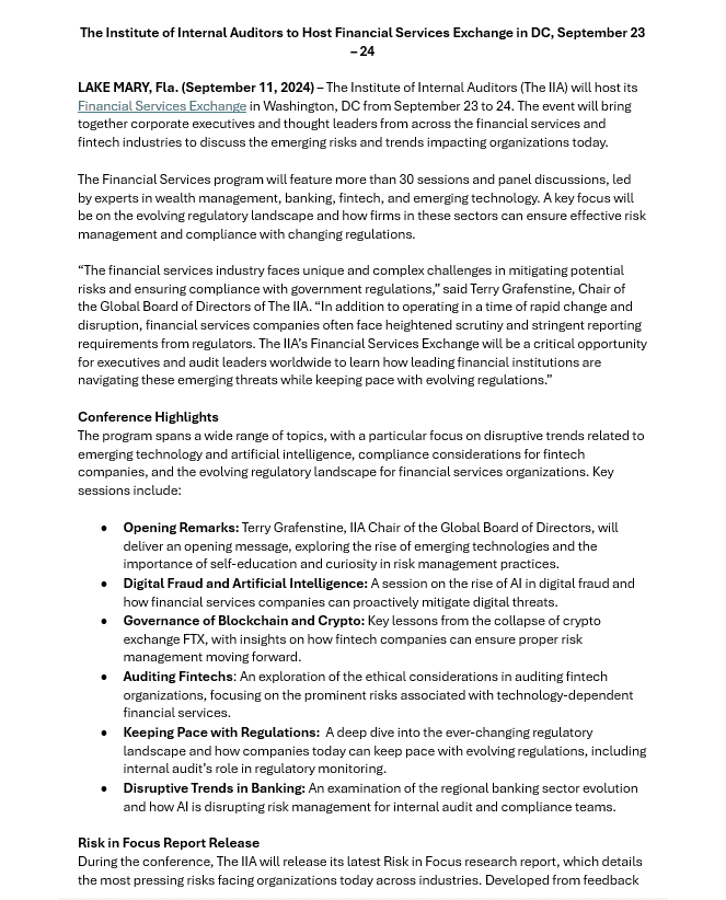 The Institute of Internal Auditors to Host Financial Services Exchange ...